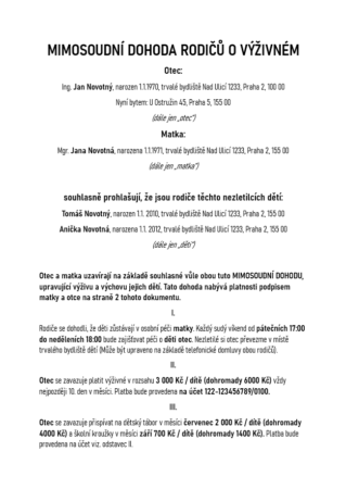 Mimosoudní dohoda o výživném vzor - KE STAŽENÍ - ProDětiCokoliv.cz