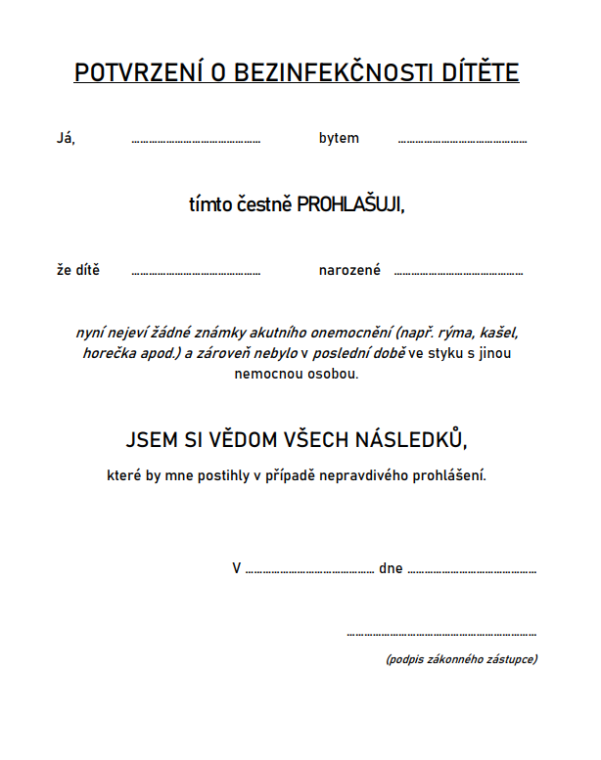 Potvrzení o bezinfekčnosti VZOR ke stažení - ProDětiCokoliv.cz