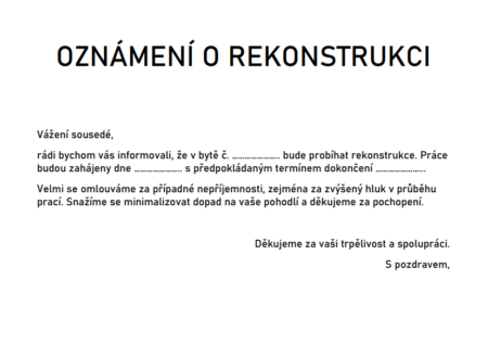 Oznámení o rekonstrukci VZOR - PRO BYT, DŮM, SVJ - ProDětiCokoliv.cz