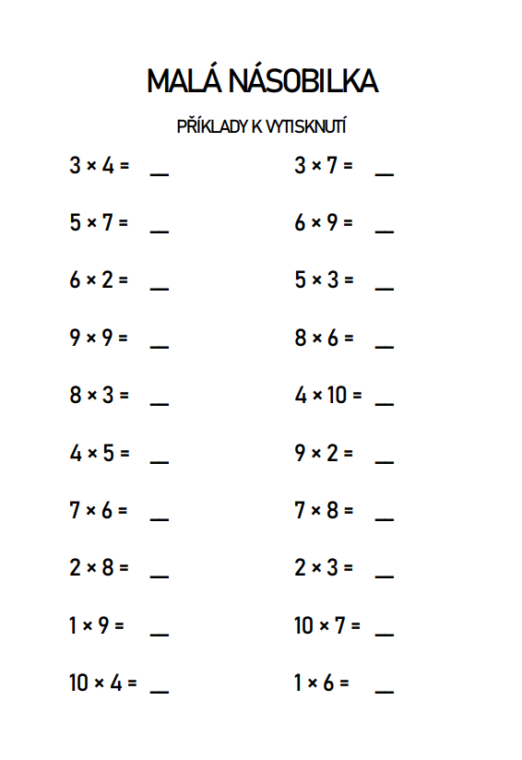 Malá násobilka: PŘÍKLADY a TABULKY k vytisknutí - ProDětiCokoliv.cz