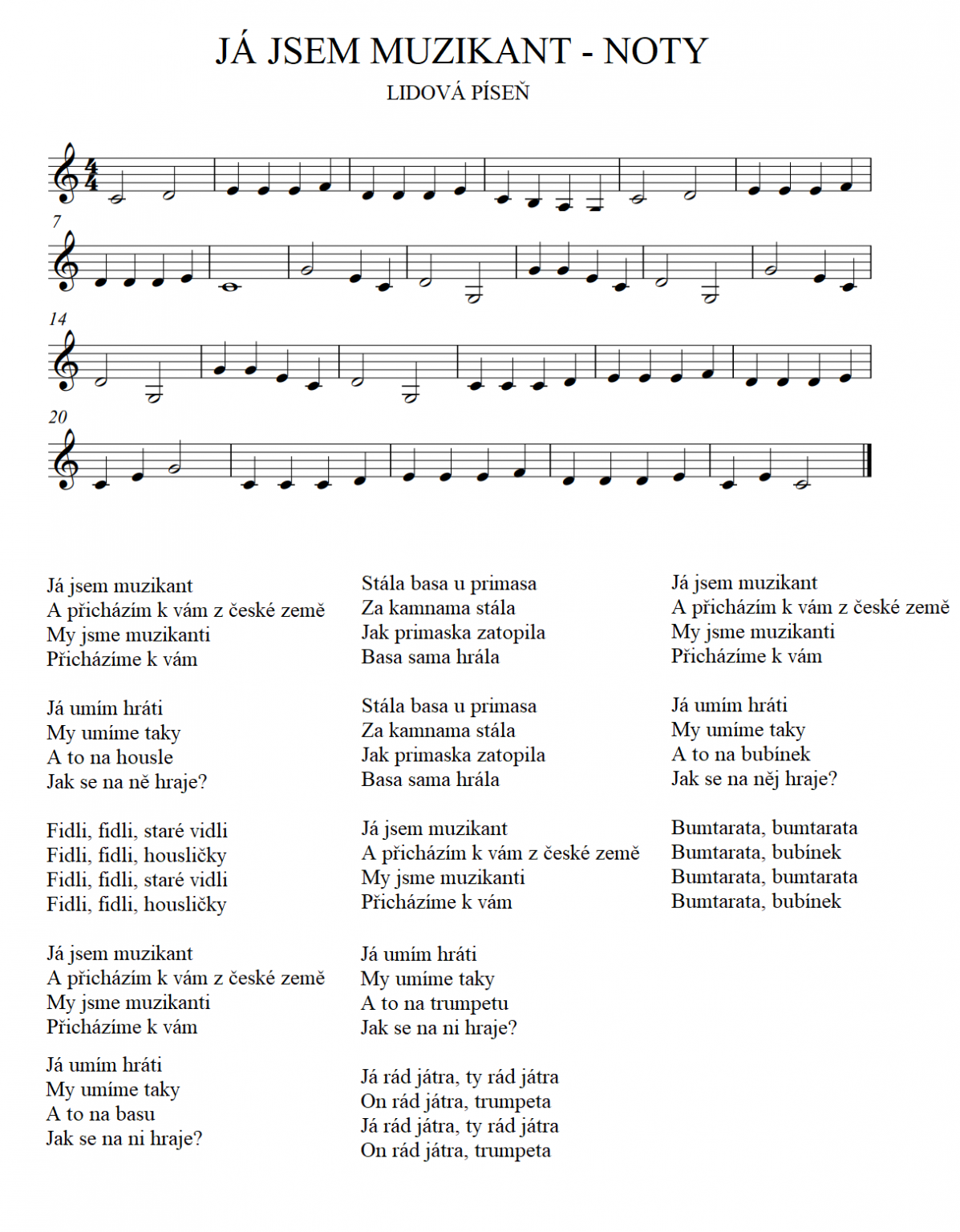 JÁ JSEM MUZIKANT noty - KE STAŽENÍ ZDARMA - ProDětiCokoliv.cz
