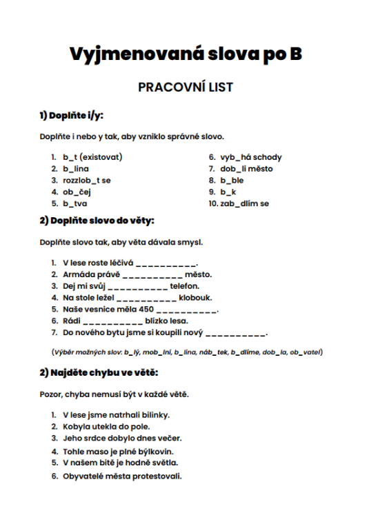 Vyjmenovaná slova po B - Vysvětlení a pracovní list v PDF - ProDětiCokoliv.cz