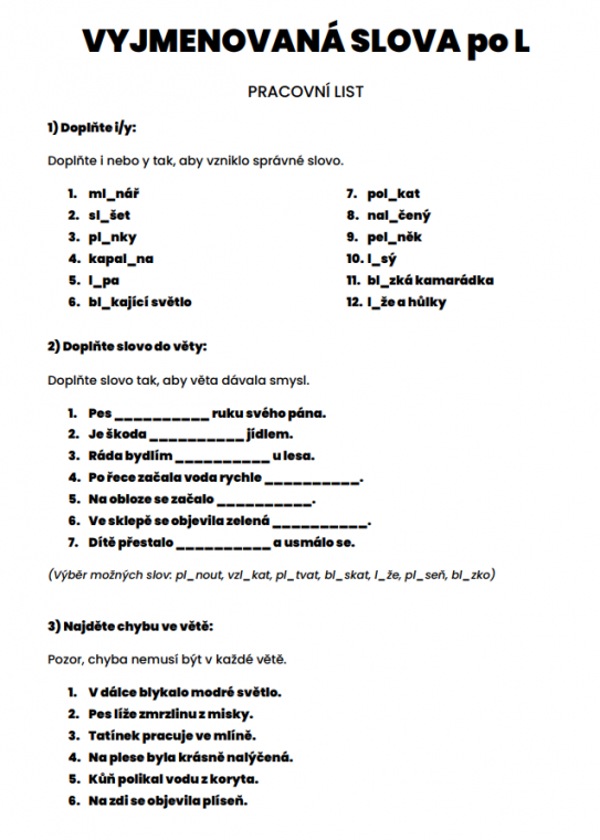 Vyjmenovaná slova po L: Vysvětlení a pracovní list v PDF ...