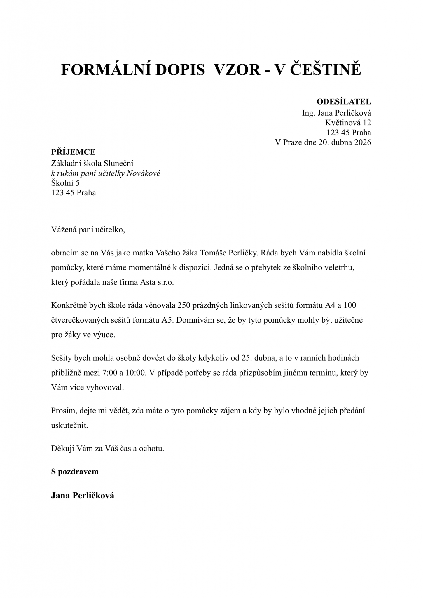 Formální dopis VZOR: V českém jazyce a angličtině - ProDětiCokoliv.cz